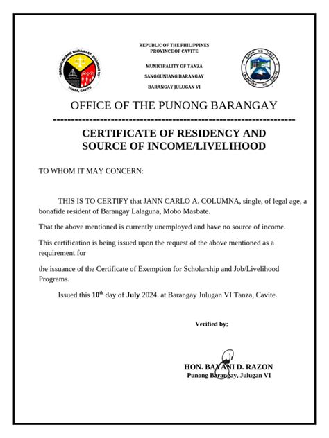 Certificate Of Residency And Livelihood Pdf