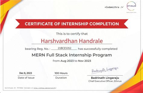 Harshvardhan Handrale On Linkedin Mern Ethnus Certificateofachievement