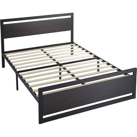 Full Black Metal Platform Bed Frame With Wood Panel Headboard And