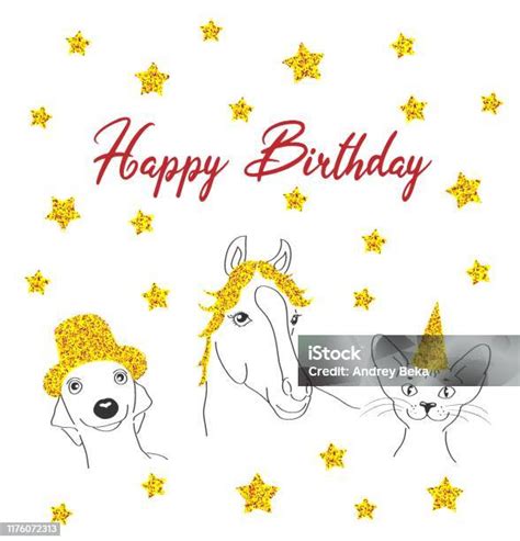 생일 축하 합니다 소원 카드입니다 귀여운 만화 개 고양이 말 개에 대한 스톡 벡터 아트 및 기타 이미지 개 공휴일 귀여운 Istock