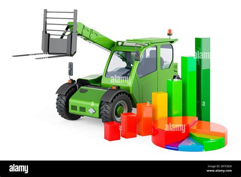telescopic handlers with growth bar graph and pie chart 3d rendering