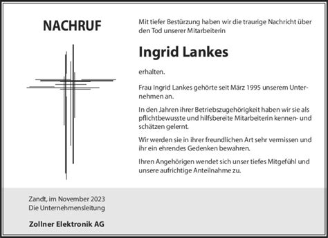 Traueranzeigen Von Ingrid Lankes Mittelbayerische Trauer