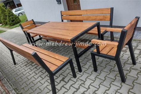 Meble ogrodowe loft drewno metal ławki fotele zestaw
