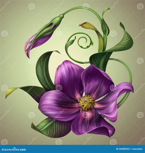 Beautiful Fantasy Purple Flower With Green Leaves Stock Illustration