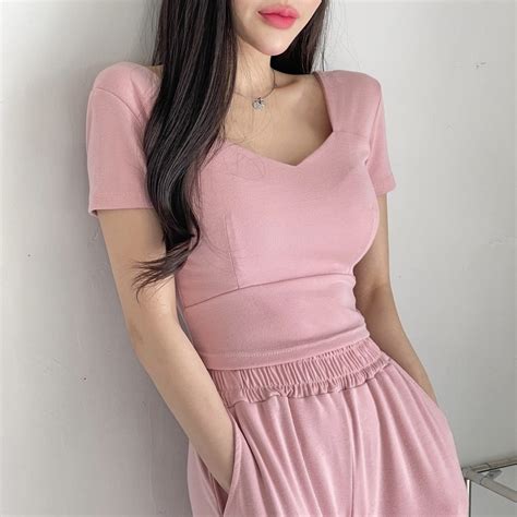 반팔ver 개미허리 하트넥 스퀘어넥 크롭 허리쏙 반팔 티셔츠 찰랑 와이드 트레이닝 세트 투피스 에이블리