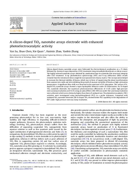 Pdf A Silicon Doped Tio2 Nanotube Arrays Electrode With Enhanced Photoelectrocatalytic Activity
