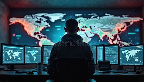 Military Analyst Monitors Global Operations Using Advanced Technology In Command Center