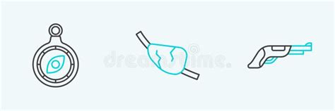 Set Line Vintage Pistol Compass And Pirate Eye Patch Icon Vector