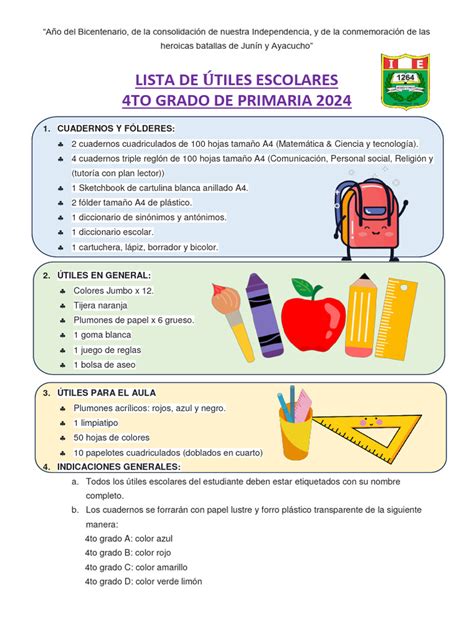 Lista De Útiles Escolares 2024 Pdf