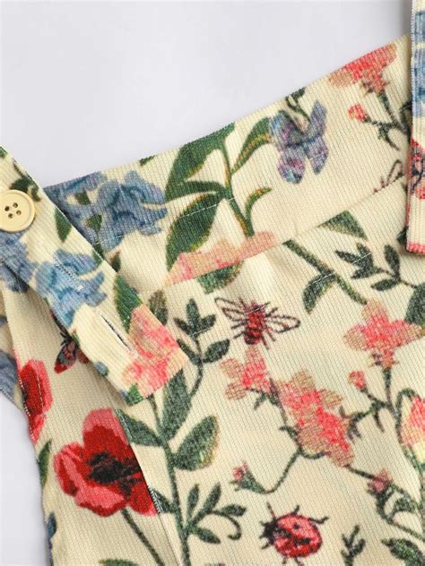 Woven Lightweight Corduroy Floral Button Wide Leg Jumpsuit For Picnic