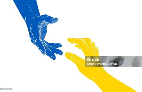 벡터 손 개념 제스처 도움의 표시와 희망 로고 두 손이 서로를 데려 가고 푸른 노란색 깃발 색상 우크라이나 난민을 지원하십시오