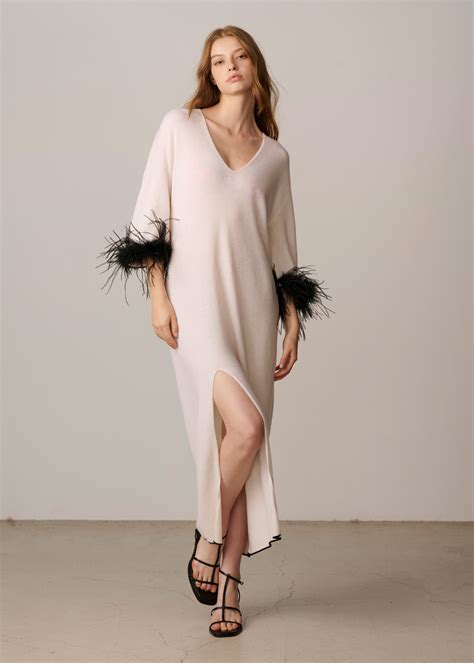 Grace Deep V Split Dress With Detachable Feather White Dcv Cashmere