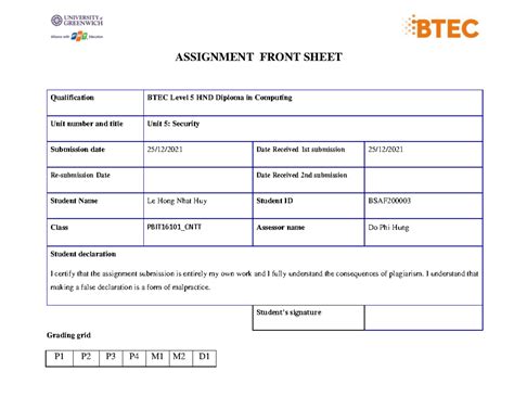 Unit 5 Assignment 1 Frontsheet Assignment Front Sheet Qualification
