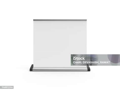 고립 된 흰색 배경에 흰색 넓은 빈 롤업 배너 이랑 전시 또는 프리 젠 테이 션을 위한 디자인과 레이아웃을 소개 3d 그림 롤업 배너에 대한 스톡 사진 및 기타 이미지