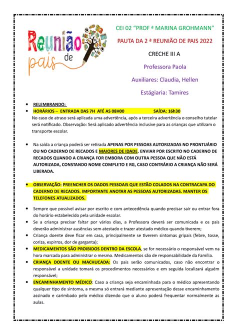 Pauta Da 2 Reuniao De Pais Creche 2022 Julho Cei 02 “prof ª Marina
