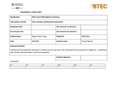Assignment 1 Front Shee1 Assignment 1 Front Sheet Qualification Btec Level 4 Hnd Diploma In