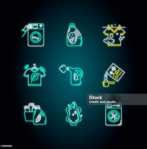 세탁 유형 네온 라이트 아이콘 세트 동전 세척 서비스 세탁기 증기 및 에코 드라이 클리닝 세탁 세제 외부 빛나는 효과가있는 징후