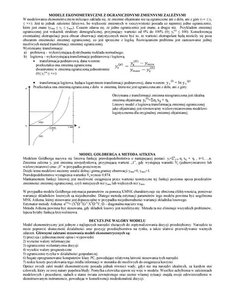 Ekonometria Teoria Notatki Z Wykładu Modele Ekonometryczne Z