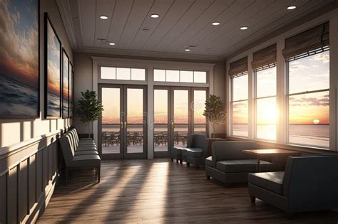 A View Of The Empty Reception Area With A View Of The Ocean And Sunset Stock Illustration