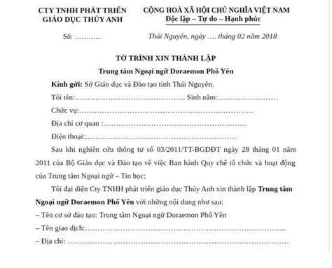 Tờ Trình Xin Thành Lập Trung Tâm Ngoại Ngữ Năm 2020