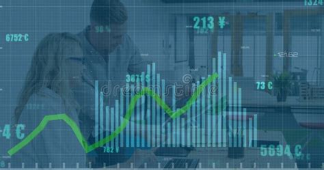 Image Of Data Processing Against Diverse Man And Woman Smiling Looking At Document At Office