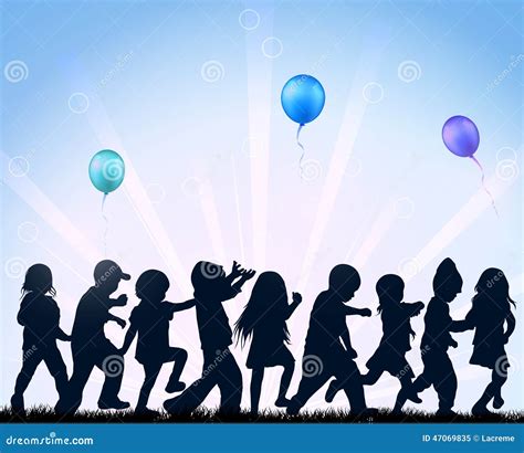 Barn Som Dansar Med Ballonger Vektor Illustrationer Illustration Av
