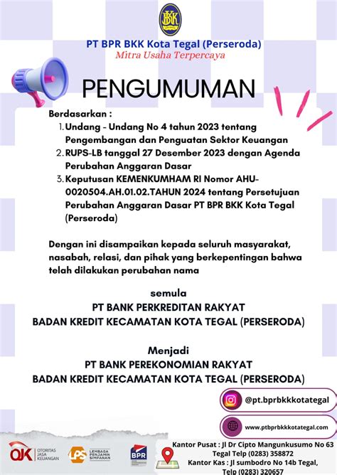 Perubahan Nama Bpr Pt Bpr Bkk Kota Tegal