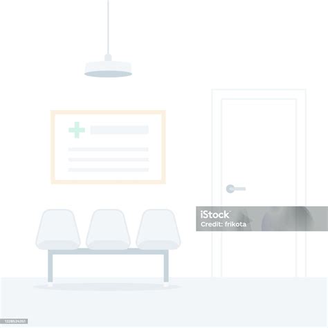 의료 대기실 회색 빈 의자 세 개 벽에 포스터 천장 조명 선형 도어 의료 약속 병원 내부 벡터 일러스트레이션 플랫 디자인 공항