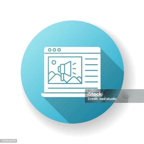 광고 삽입 블루 플랫 디자인 긴 그림자 글리프 아이콘 광고와 웹 사이트 페이지 구내에서 프로모션이 있는 랩톱 디스플레이 디지털 마케팅 라우드 스피커 사인 실루엣 Rgb 컬러