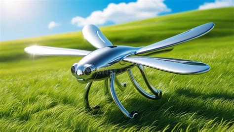 Futuristic Chrome Insect Robot On Green Grassy Hill Scape Stock Illustration Illustration Of