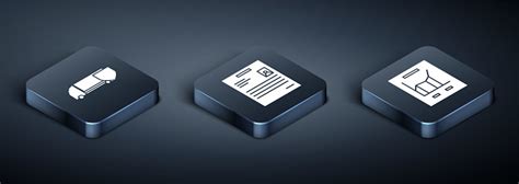 방패와 Isometric 배달화물 트럭을 설정 그래프 차트와 개인 문서 아이콘 문서 벡터 3차원 형태에 대한 스톡 벡터 아트 및