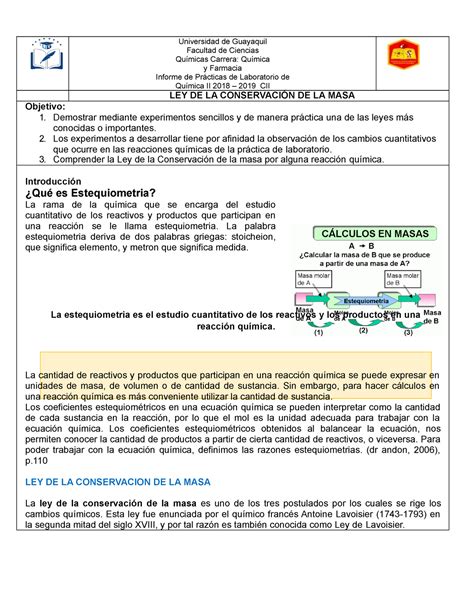 Informe 2ley De La ConservaciÓn De La Masa Universidad De Guayaquil