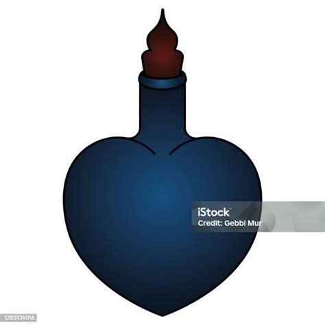 마녀 사랑 물약 의 병 용기는 스토퍼로 단단히 밀봉됩니다 컬러 벡터 그림입니다 할로윈 기호 격리된 배경입니다 하트 모양의 용기 만화 스타일 병에 기적적인 음료 모든 성도의