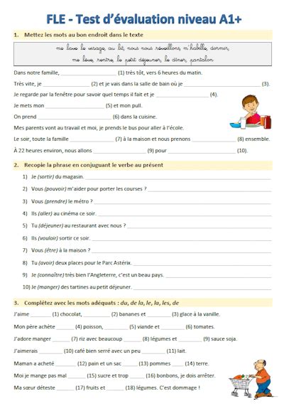 FLE Tests d évaluation Alpha A1 1 et A1 Exercices à imprimer