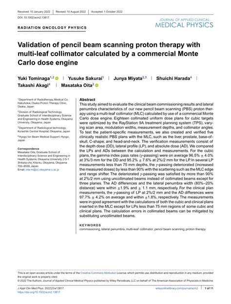 Pdf Validation Of Pencil Beam Scanning Proton Therapy With Multi‐leaf Collimator Calculated By