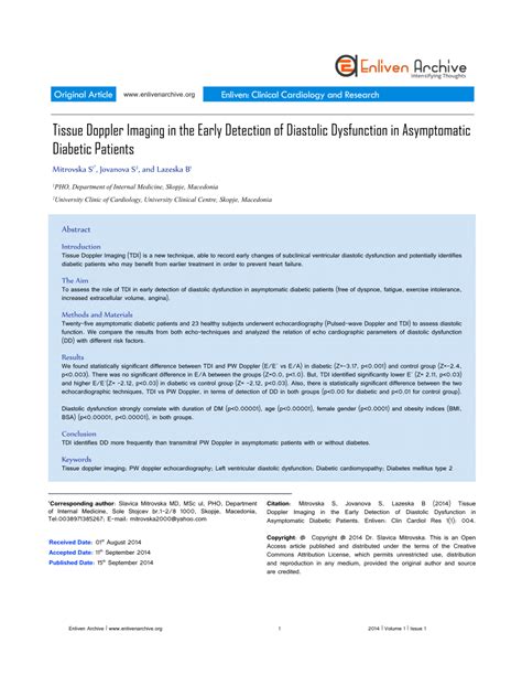 Pdf Tissue Doppler Imaging In The Early Detection Of Diastolic