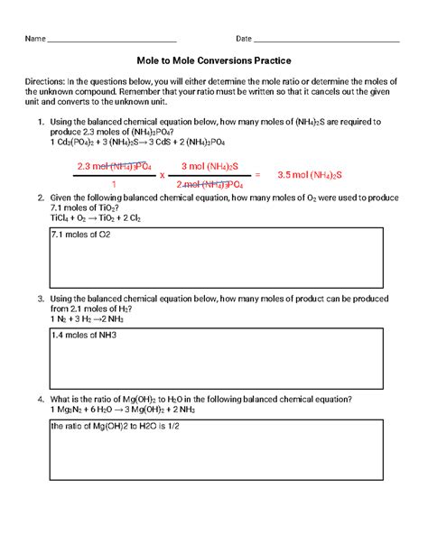 Mole To Mole Conversion Practice New Name Date Mole To Mole Conversions Practice Directions