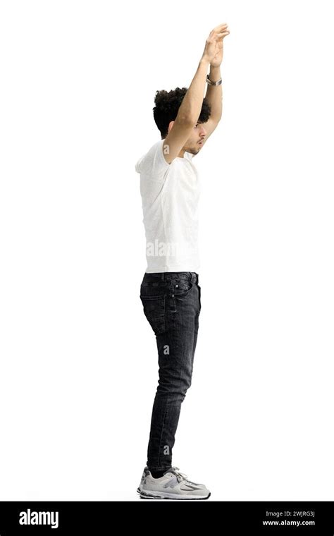 A Man On A White Background In Full Height Waving His Arms Stock