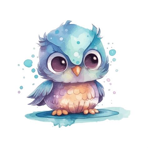 귀여운 만화 귀엽다 아기 올빼미 수채화 그림 프리미엄 벡터