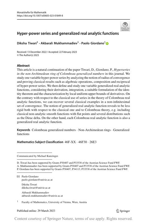 Pdf Hyper Power Series And Generalized Real Analytic Functions