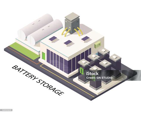 전기 배터리 전력 저장 스테이션 3d 아이소메트릭 디자인의 산업 에너지 건물 발전소 및 대체 녹색 발전소 원자로 전력 벡터 그림 3차원 형태에 대한 스톡 벡터 아트 및 기타