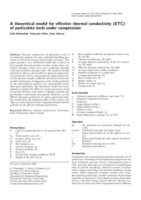Pdf A Theoretical Model For Effective Thermal Conductivity Etc Of Particulate Beds Under