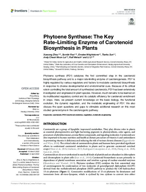 Pdf Phytoene Synthase The Key Rate Limiting Enzyme Of Carotenoid