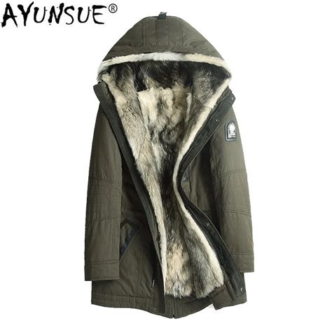 Ayunsue Winter Jacket Men Natural Wolf Fur Coats Hooded Parka Men Plus