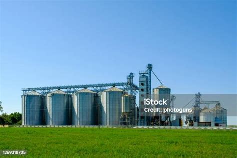 농업 개념 곡물 저장 건조 청소 농산물 밀가루 곡물 및 곡물용 금속 사일로가 있는 농가 가공 및 제조 공장 식품 가공 공장에 대한 스톡 사진 및 기타 이미지 Istock
