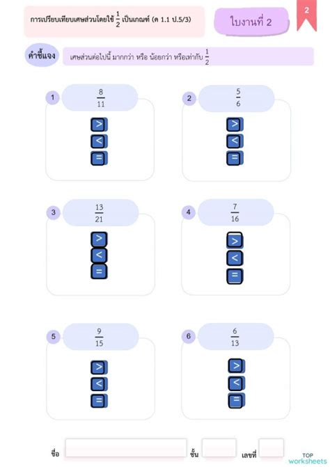 ใบงานบทที่ 1 เศษส่วนปรับโจทย์ทำ Topworksheet 2 ใบงานเชิงโต้ตอบ Topworksheets