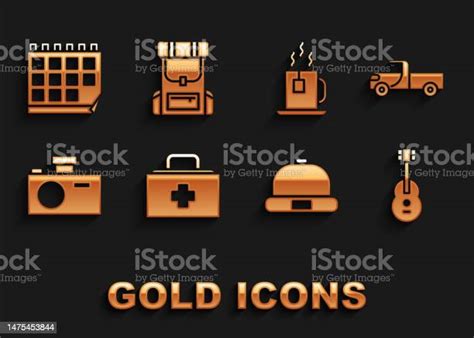 구급 상자 픽업 트럭 기타 비니 모자 사진 카메라 티백과 차 한잔 달력 및 하이킹 배낭 아이콘을 설정합니다 벡터 가방에 대한 스톡 벡터 아트 및 기타 이미지 Istock