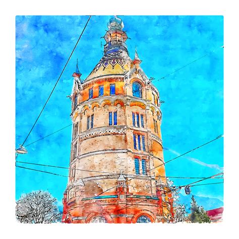 Wasserturm Vienna Austria Watercolor Sketch Hand Drawn Illustration