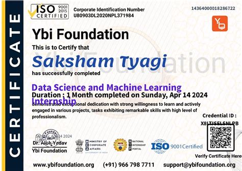 Completed Data Science And Machine Learning Internship At Ybi Foundation