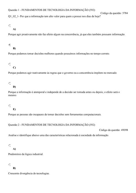 A1 23 Prova Questão 1 FUNDAMENTOS DE TECNOLOGIA DA INFORMAÇÃO